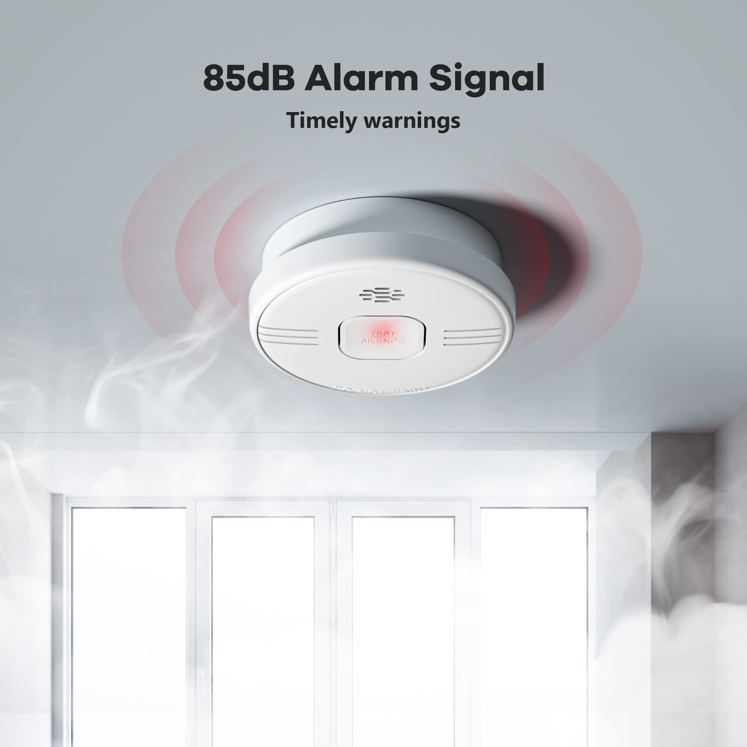 Smoke Detector with Photoelectric Sensor, Fire Alarms Smoke Detector 10 Year Battery Operated with LED Indicator & Silence Button, Smoke Alarm for Home and Kitchen GW208B, 4 Packs