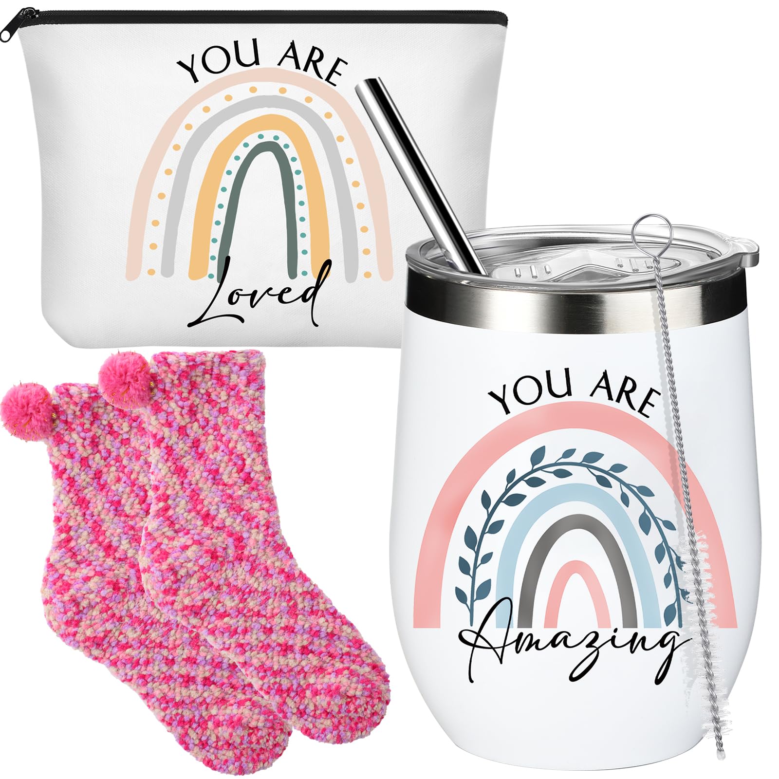 Sieral Inspirational Gift Set for Women 12Oz Wine Tumbler Gift Set Including Cosmetic Bag Fuzzy Socks Thank You Gift for Assistant Secretary Teacher Nurse Employee Grad Gift for Student(Rainbow)