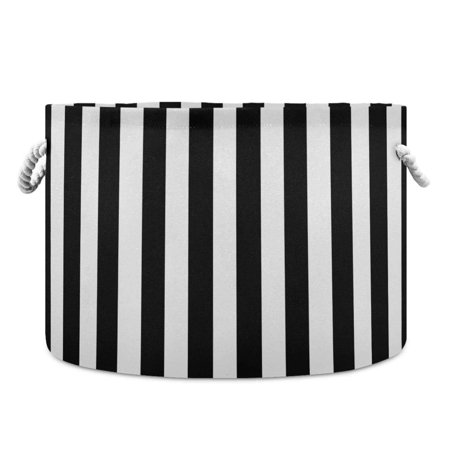 xigua Black White Stripes Pattern Large Round Storage Basket 20 x14 Inches Collapsible Round Storage Bin, Laundry Basket Organizer for Towels, Blanket, Toys, Clothes