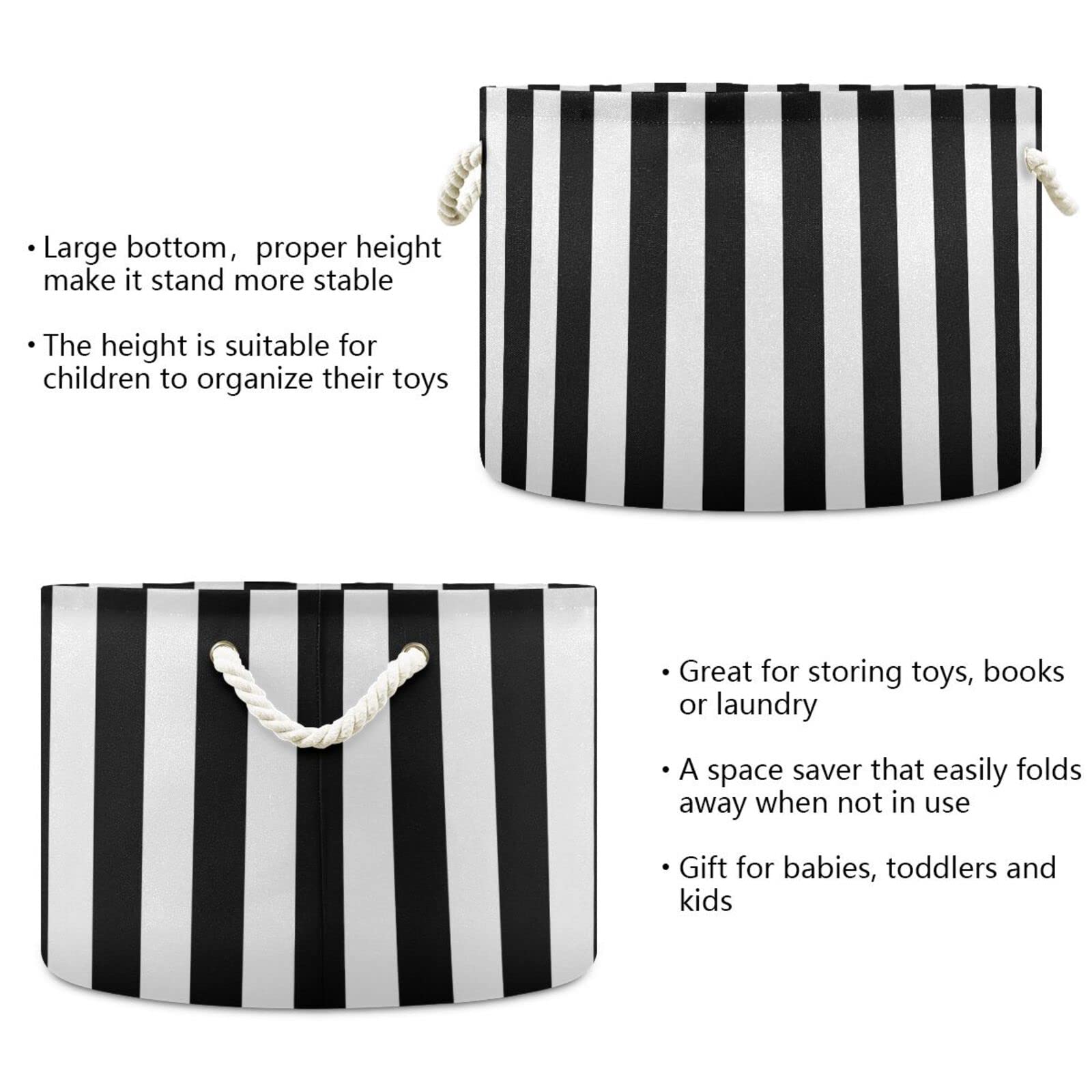 xigua Black White Stripes Pattern Large Round Storage Basket 20 x14 Inches Collapsible Round Storage Bin, Laundry Basket Organizer for Towels, Blanket, Toys, Clothes