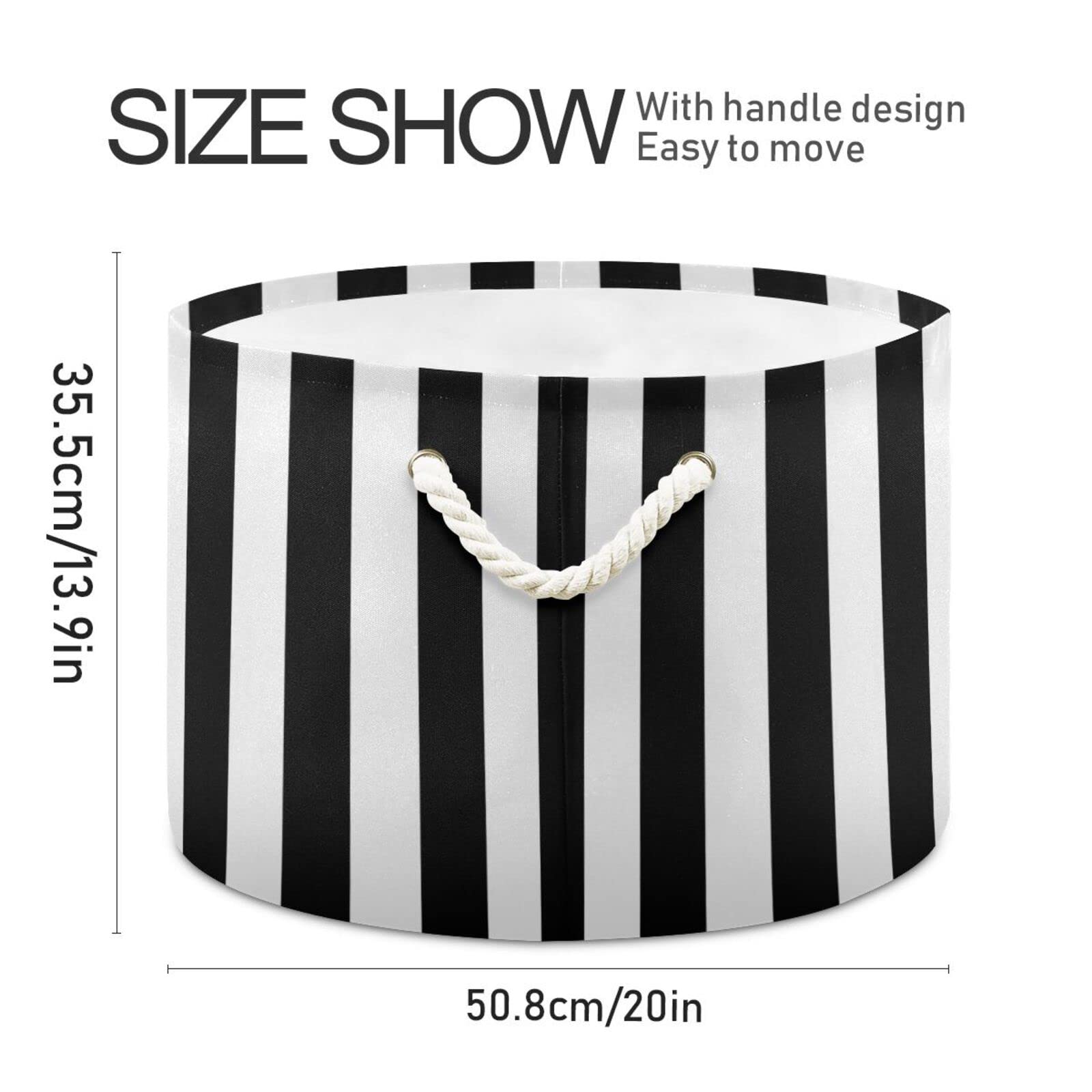 xigua Black White Stripes Pattern Large Round Storage Basket 20 x14 Inches Collapsible Round Storage Bin, Laundry Basket Organizer for Towels, Blanket, Toys, Clothes