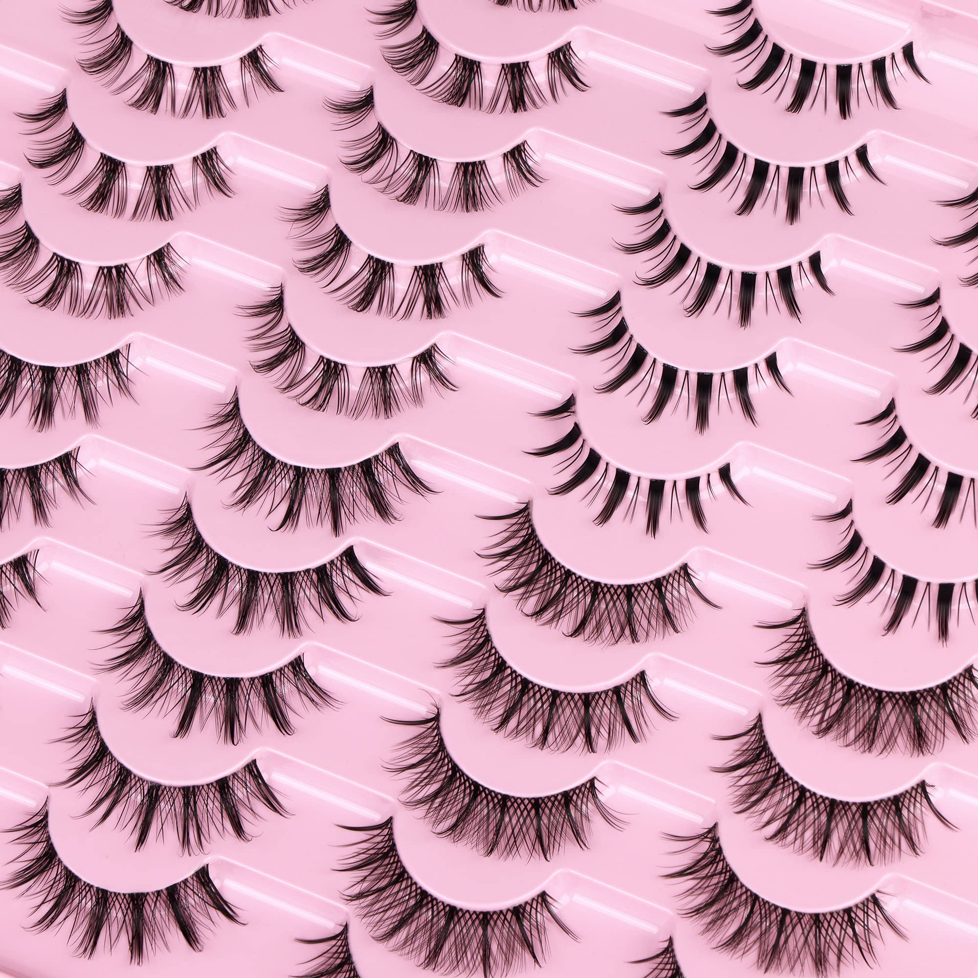 Manga Lashes Natural Look Anime False Eyelashes 20 Pairs Clear Band Individual Wispy Fake Eyelashes Strip Spiky DIY Cluster Lashes Extension C Curl Cat Eye Lashes Pack