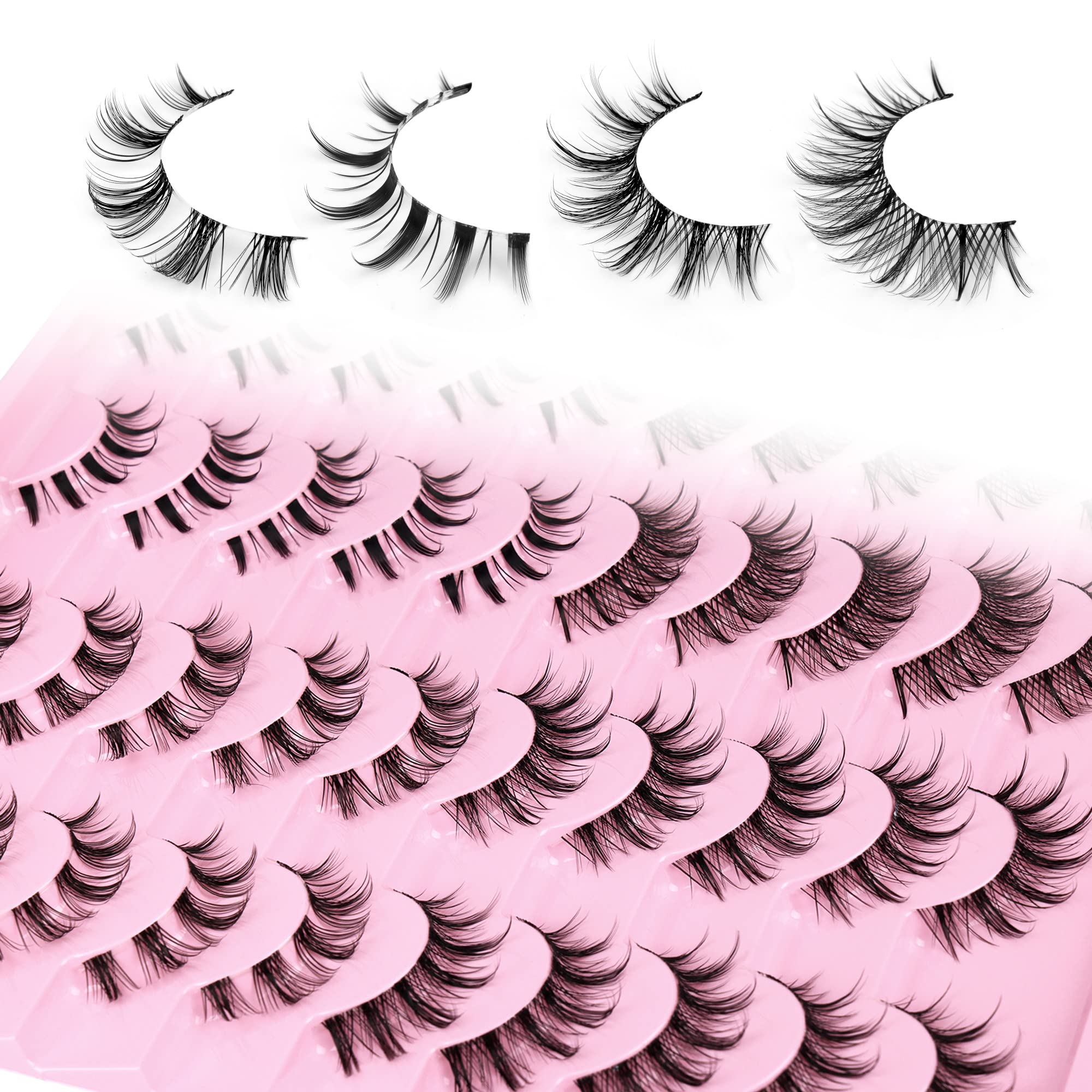 Manga Lashes Natural Look Anime False Eyelashes 20 Pairs Clear Band Individual Wispy Fake Eyelashes Strip Spiky DIY Cluster Lashes Extension C Curl Cat Eye Lashes Pack