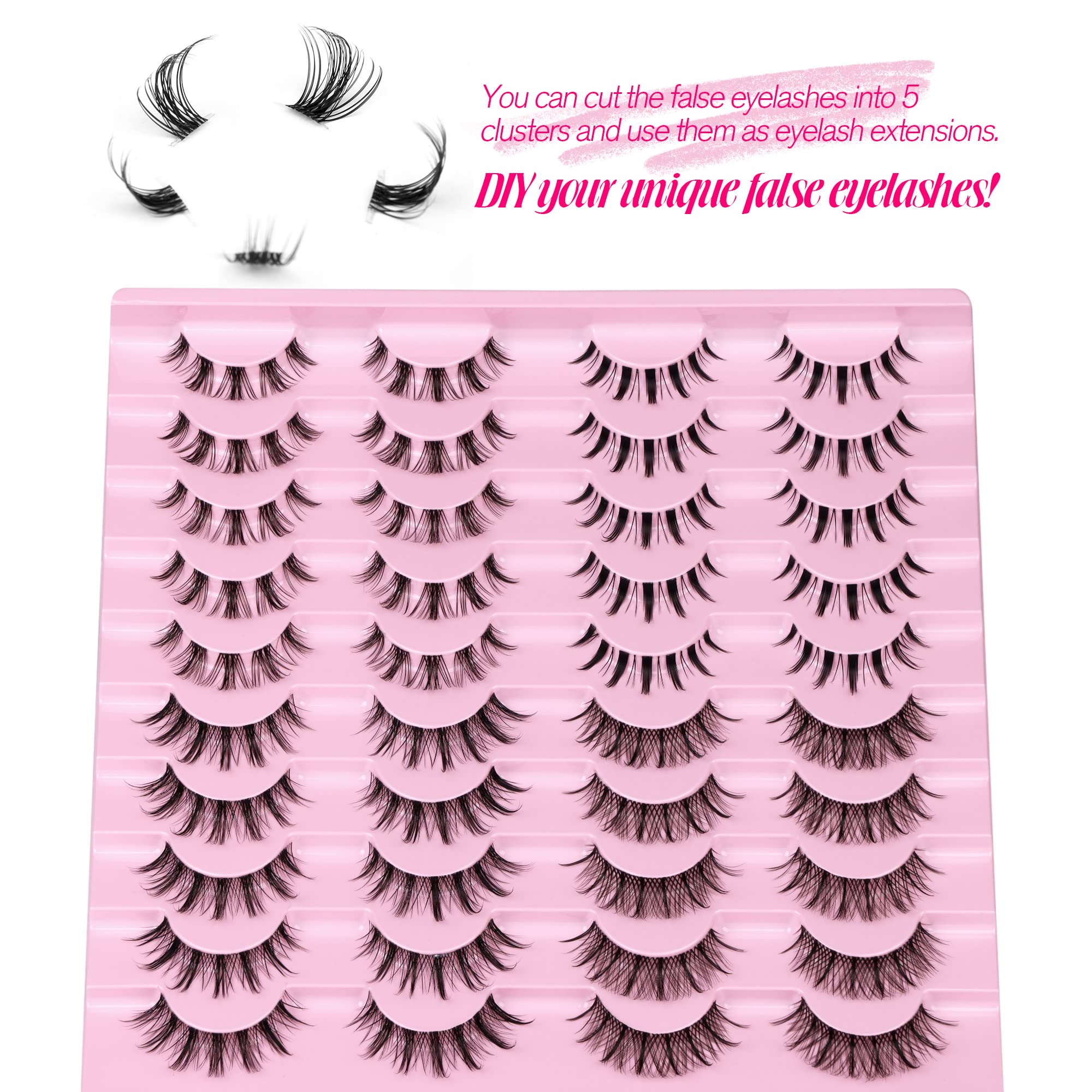 Manga Lashes Natural Look Anime False Eyelashes 20 Pairs Clear Band Individual Wispy Fake Eyelashes Strip Spiky DIY Cluster Lashes Extension C Curl Cat Eye Lashes Pack