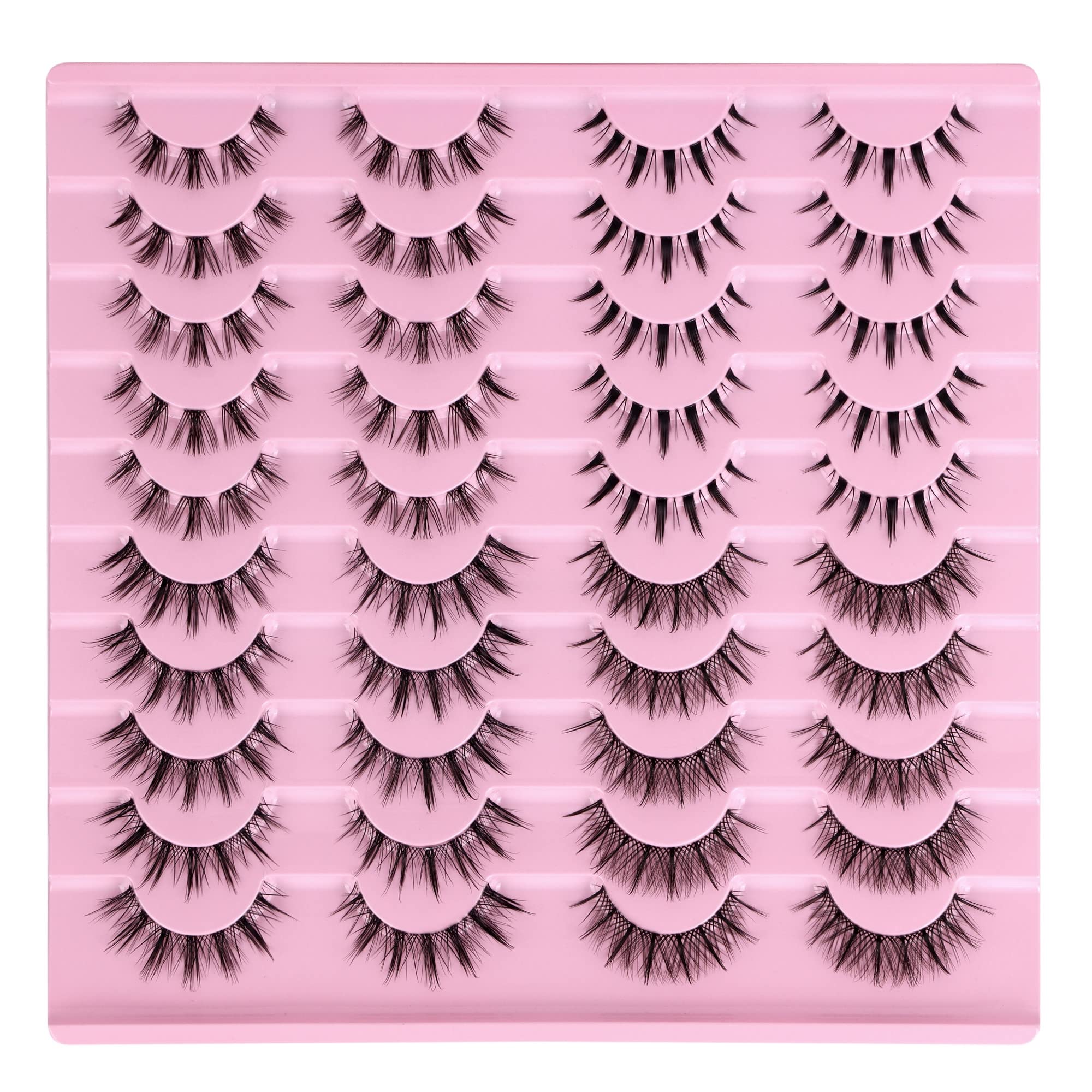 Manga Lashes Natural Look Anime False Eyelashes 20 Pairs Clear Band Individual Wispy Fake Eyelashes Strip Spiky DIY Cluster Lashes Extension C Curl Cat Eye Lashes Pack