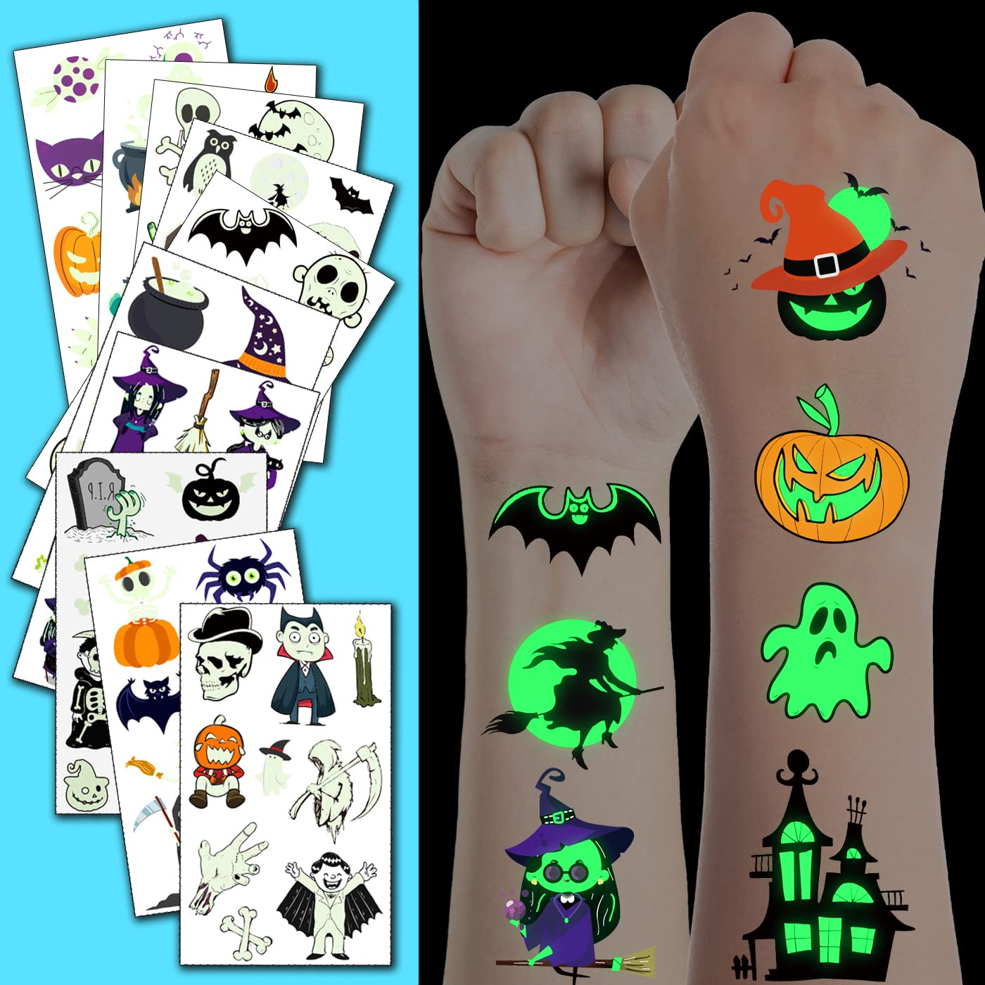 JCFIRE Halloween Temporary Tattoos for Kids, Glow in Dark Tattoos Stickers with Pumpkin Skull Ghost Monster for Halloween Party Favors Decoration