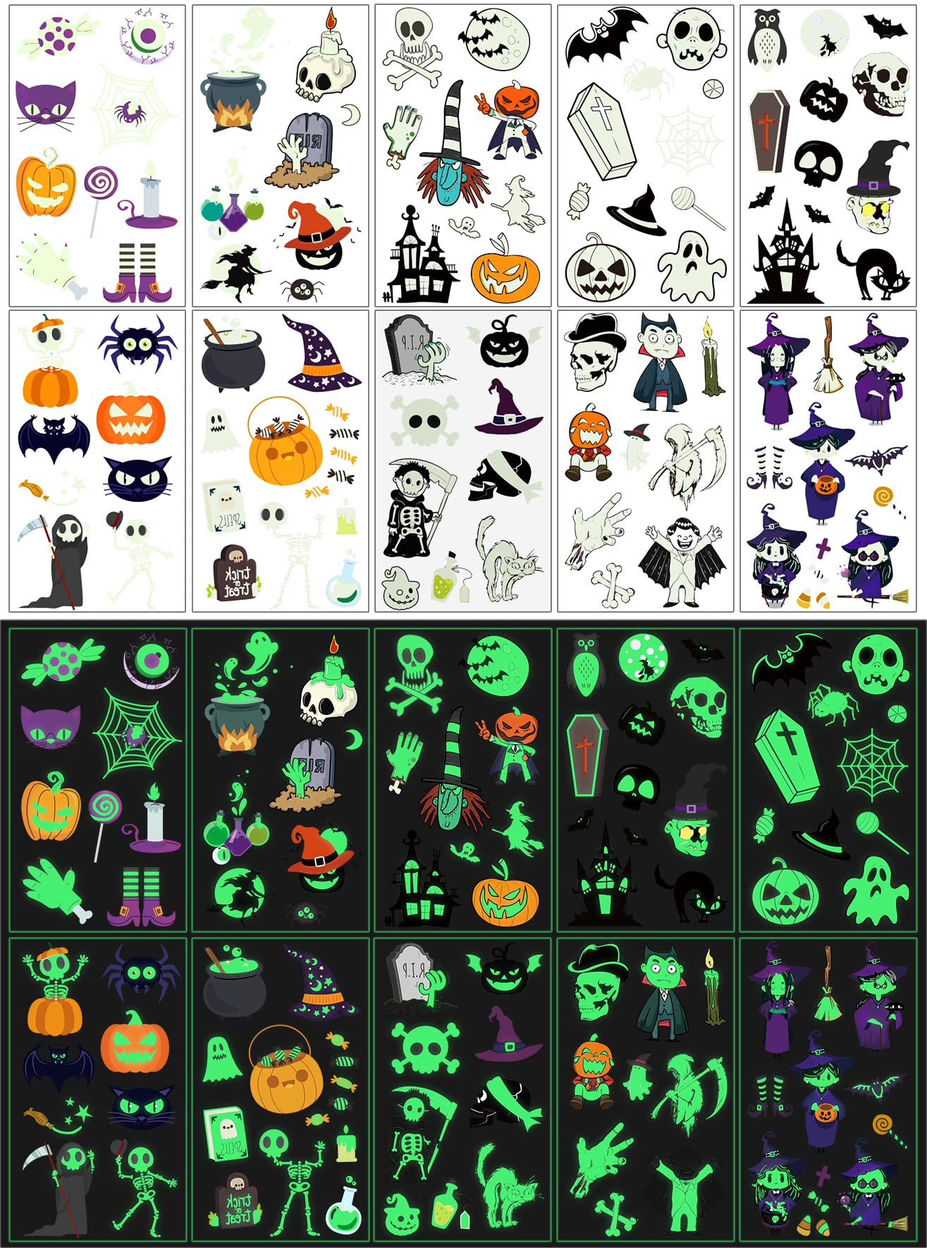 JCFIRE Halloween Temporary Tattoos for Kids, Glow in Dark Tattoos Stickers with Pumpkin Skull Ghost Monster for Halloween Party Favors Decoration