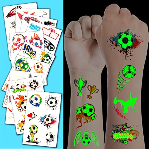 JCFIRE Temporary Tattoos Kids, Glow in Dark Word Cup Soccer Stickers Waterproof Kids Tattoos for Soccer Theme Birthday Party Decorations Party Favors Goodie Bags Gifts