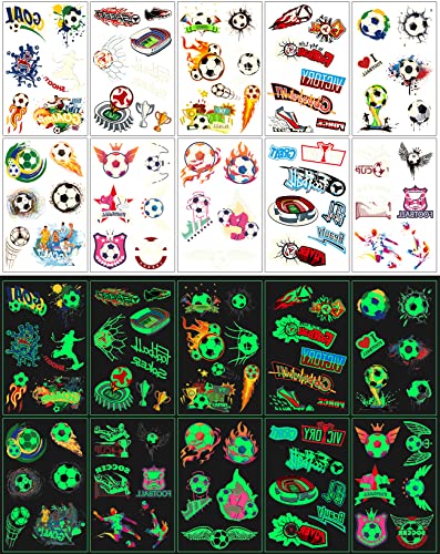 JCFIRE Temporary Tattoos Kids, Glow in Dark Word Cup Soccer Stickers Waterproof Kids Tattoos for Soccer Theme Birthday Party Decorations Party Favors Goodie Bags Gifts