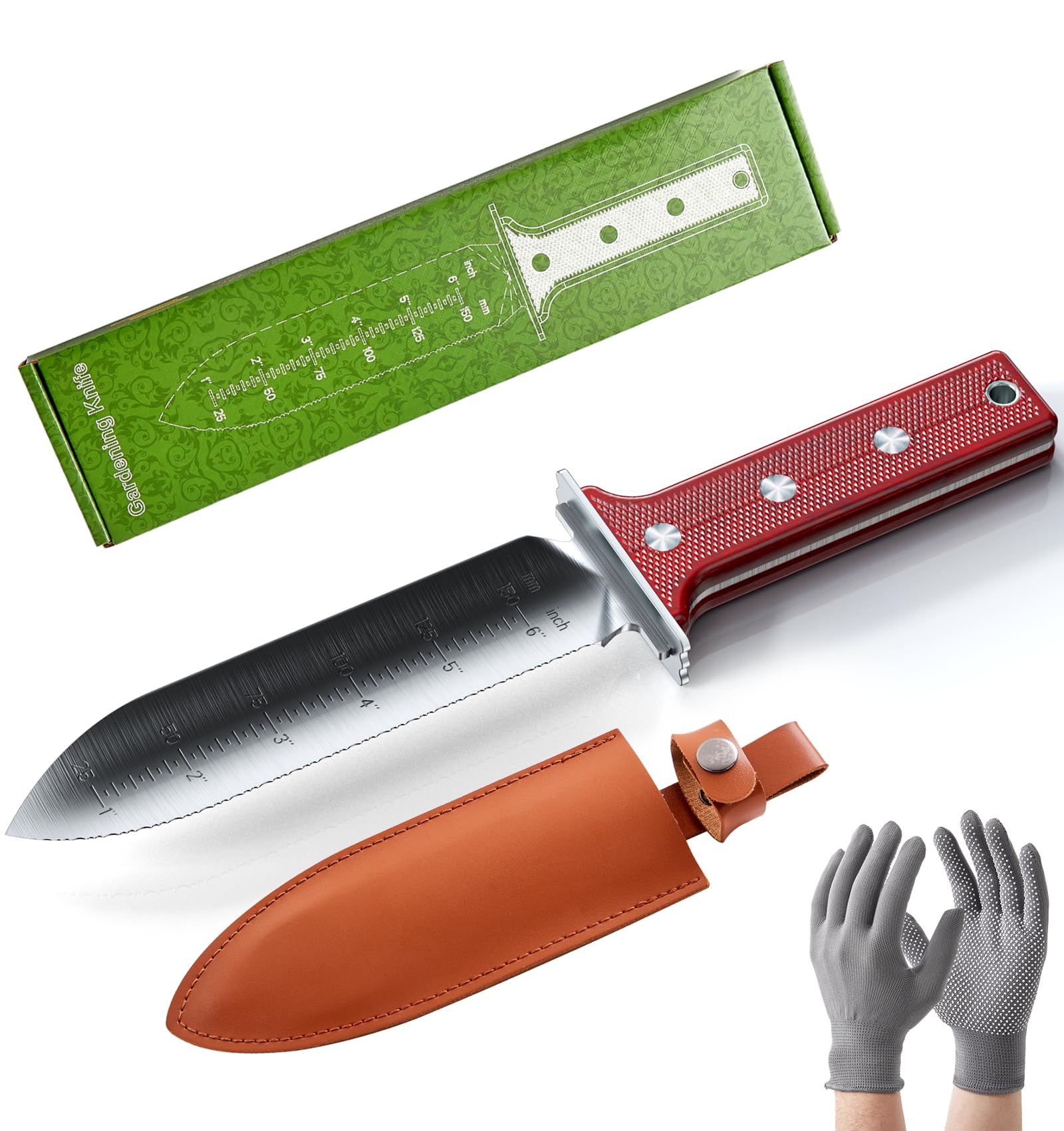 AKAKD Gardening Hori Hori Garden Knife - Gardening Knife,Soil Knife, Serrated Side Weeding Knife,Digging Knife,Garden Knives with Sheath,Full Tang Hori Hori Knife