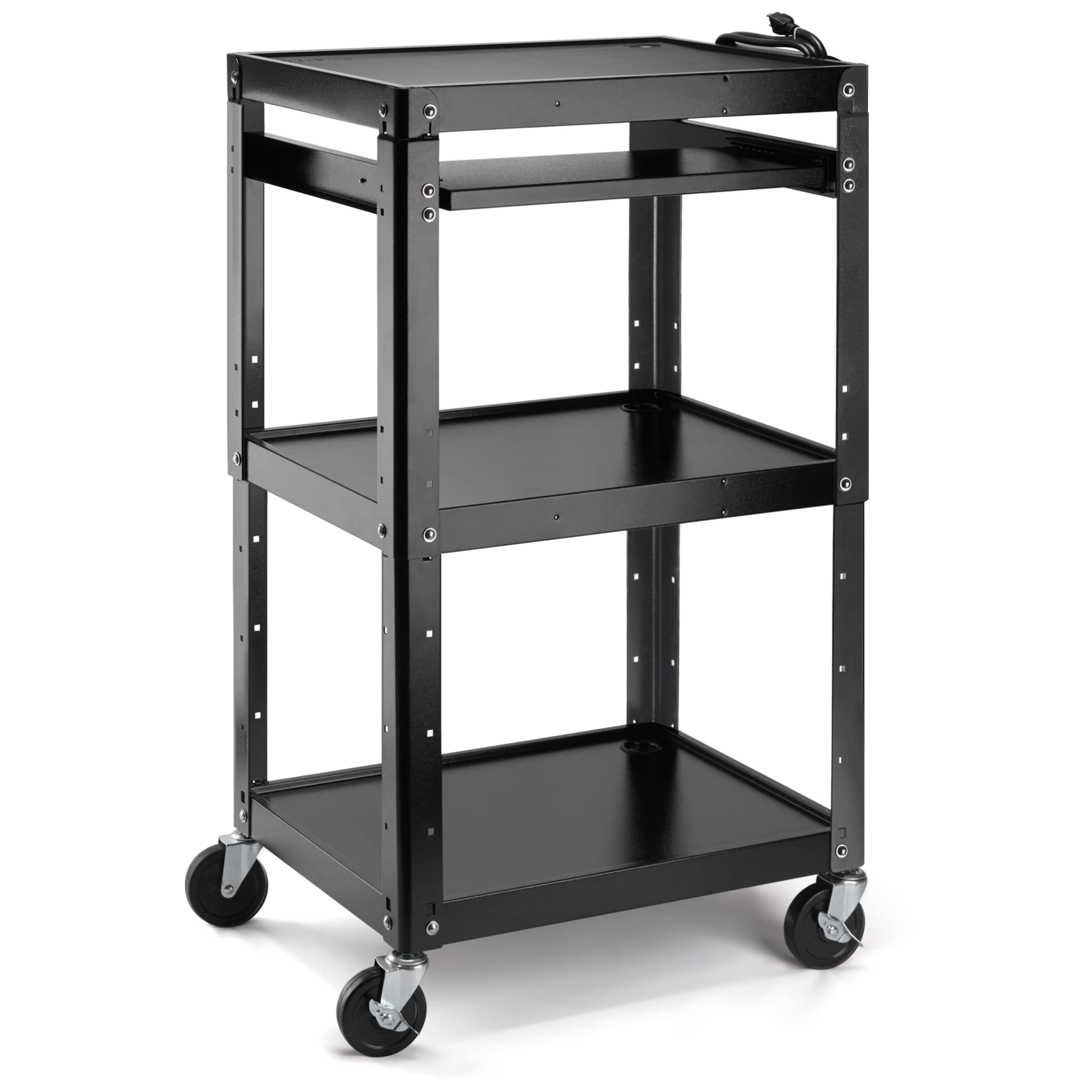 Metateel AV Presentation Cart Stand for Video Projector,TV,Laptop Computers,Printers,Metal Construction Rolling Cart with Adjustable Shelves,4 Wheels,4 Outlets, 5.75ft Cord,Support 300 lbs,Black