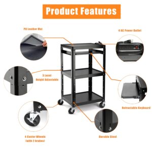 Metateel AV Presentation Cart Stand for Video Projector,TV,Laptop Computers,Printers,Metal Construction Rolling Cart with Adjustable Shelves,4 Wheels,4 Outlets, 5.75ft Cord,Support 300 lbs,Black