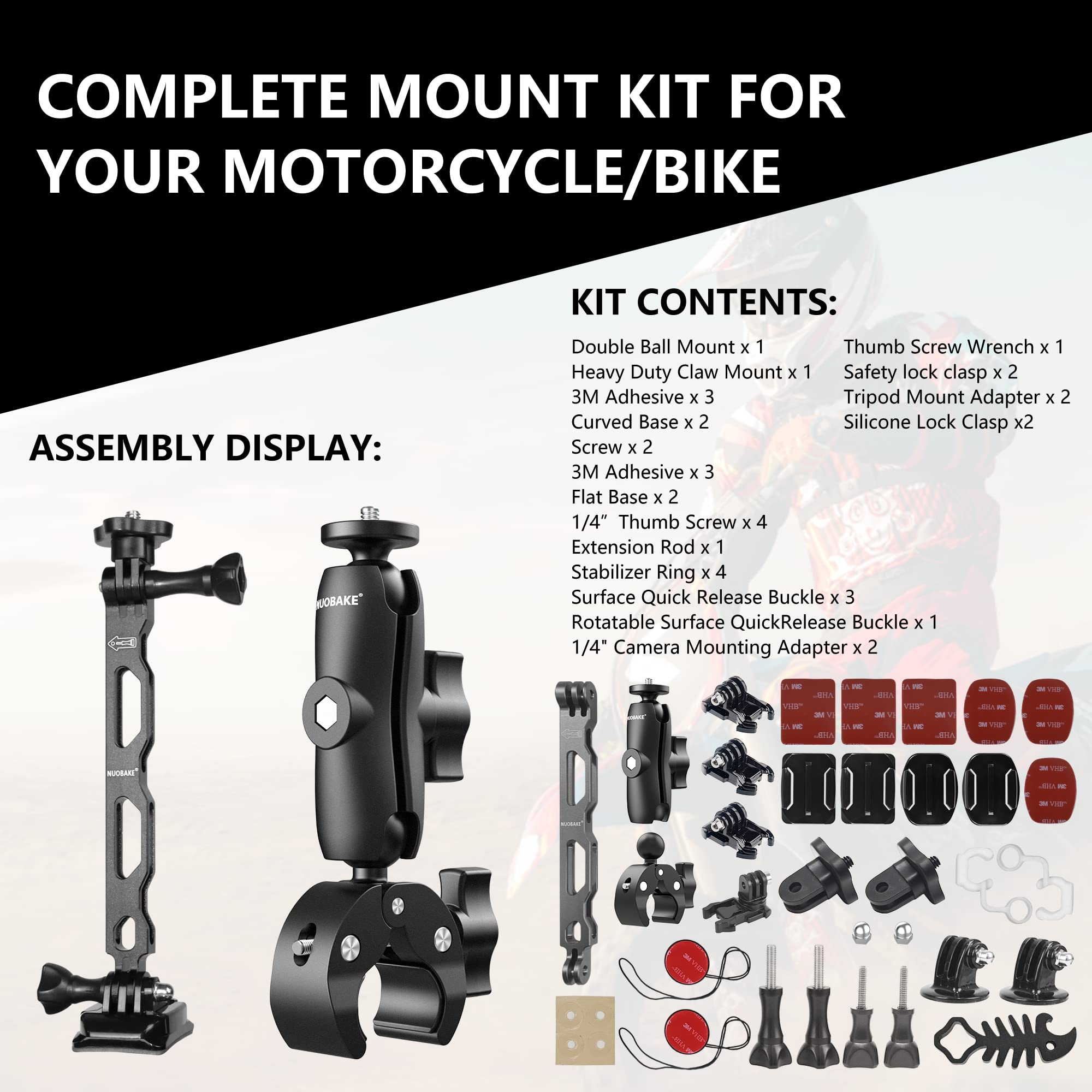 nuobake 38 in 1 Motorcycle Accessories Mount Bundle Kit for Insta360 ONE X2, X3,X4,ONE X, ONE R, RS Cameras and GoPro Hero 12 11 10 9 8 7 6 5 Black,Session 5/4/3, DJI,Yi Action Camera and More