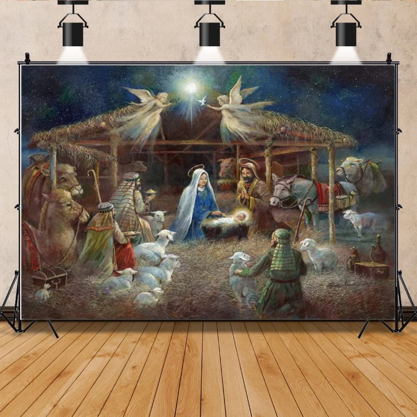 Nativity Scene Religious Christmas Decorations Jesus in Manger Backdrop Wall Art Decoration Photography Background Vinyl Backdrop 7x5 feet