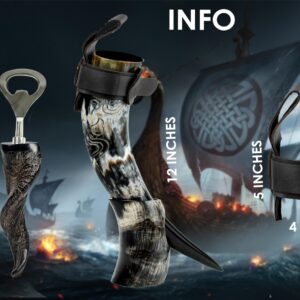 NORSE EMPIRE 12Oz Viking Drinking Horn with Stand Authentic Unique Beer Gift for Men and Women Medieval Stein for Mead Ale Whiskey | Home Decor Accessories Natural Shine Finish - Raven