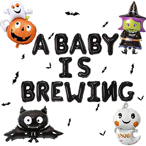 Halloween Baby Is Brewing Baby Shower Decorations with A Baby is Brewing Balloons Banner Halloween Ghost and Bat Foil Balloons, 3D Bat Wall Sticker for Halloween Themed Baby Shower Party Decorations