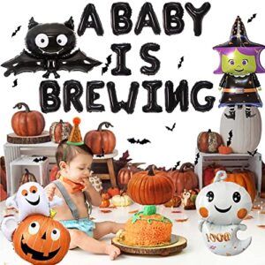 Halloween Baby Is Brewing Baby Shower Decorations with A Baby is Brewing Balloons Banner Halloween Ghost and Bat Foil Balloons, 3D Bat Wall Sticker for Halloween Themed Baby Shower Party Decorations