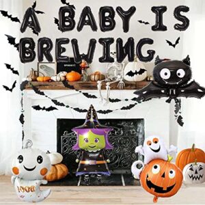 Halloween Baby Is Brewing Baby Shower Decorations with A Baby is Brewing Balloons Banner Halloween Ghost and Bat Foil Balloons, 3D Bat Wall Sticker for Halloween Themed Baby Shower Party Decorations