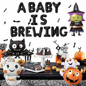 Halloween Baby Is Brewing Baby Shower Decorations with A Baby is Brewing Balloons Banner Halloween Ghost and Bat Foil Balloons, 3D Bat Wall Sticker for Halloween Themed Baby Shower Party Decorations