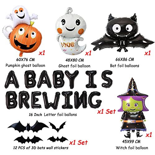 Halloween Baby Is Brewing Baby Shower Decorations with A Baby is Brewing Balloons Banner Halloween Ghost and Bat Foil Balloons, 3D Bat Wall Sticker for Halloween Themed Baby Shower Party Decorations