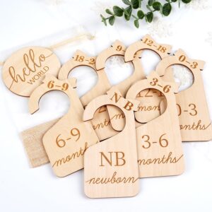 HOUÍSM Baby Closet Dividers Nursery Clothes Organizer, Baby Wooden Bundles with Birth Sign 5.9" and Keepsake Bag for Newborn to 24 Months, Timeless Engraved Design for Baby Girl Boy Room Decor