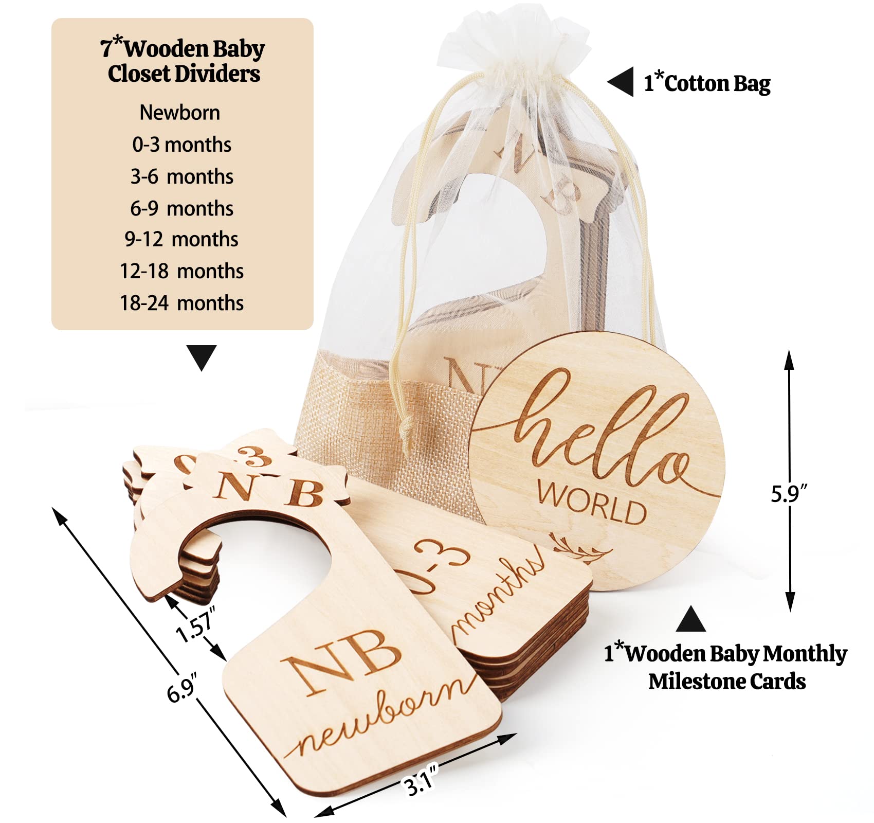 HOUÍSM Baby Closet Dividers Nursery Clothes Organizer, Baby Wooden Bundles with Birth Sign 5.9" and Keepsake Bag for Newborn to 24 Months, Timeless Engraved Design for Baby Girl Boy Room Decor