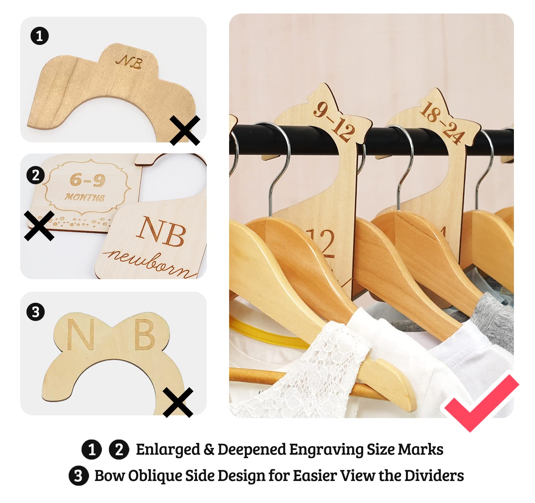 HOUÍSM Baby Closet Dividers Nursery Clothes Organizer, Baby Wooden Bundles with Birth Sign 5.9" and Keepsake Bag for Newborn to 24 Months, Timeless Engraved Design for Baby Girl Boy Room Decor