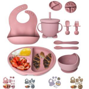 mutualproducts - baby feeding supplies 8-piece | baby led weaning utensils set includes suction bowl and plate, spoon and fork, sippy cup with straw and lid (peach pink)