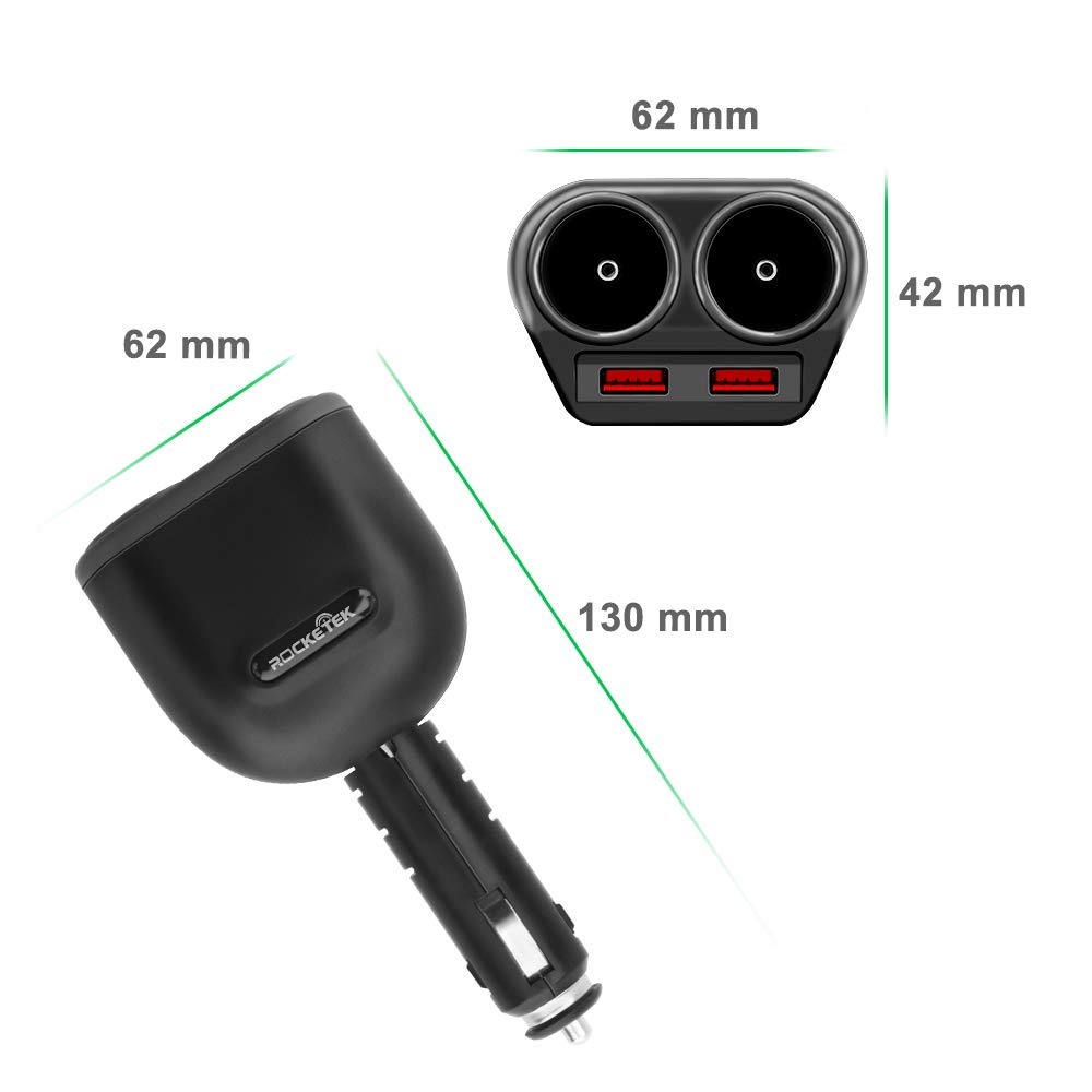 Rocketek Dual USB Quick Charge 3.0 Car Charger Adapter with Build-in 2 Way Car Splitter Adapter, 90W 12V/24V DC Outlet 2-Socket Car Cigarette Lighter for iPhone/ipad/Android Cell Phone, GPS, Car DVD