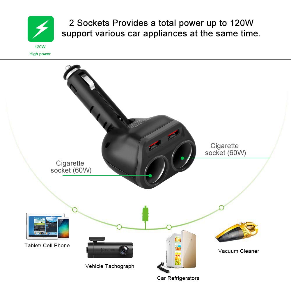 Rocketek Dual USB Quick Charge 3.0 Car Charger Adapter with Build-in 2 Way Car Splitter Adapter, 90W 12V/24V DC Outlet 2-Socket Car Cigarette Lighter for iPhone/ipad/Android Cell Phone, GPS, Car DVD