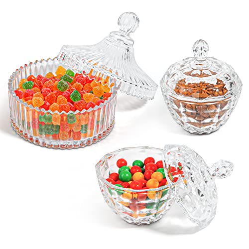 ComSaf Glass Candy Dish with Lid Decorative Candy Bowl, Crystal Covered Candy Jar for Home Office Desk, Set of 3