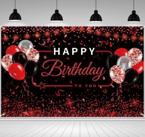 red and black happy birthday background banner sign poster large fabric glitter balloon fireworks sign birthday photo backdrop background for kid adults birthday party decoration supplies,65 x 41 inch