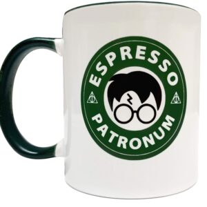 Mean Muggin Espresso Patronum Potter Themed 11oz Ceramic Mug/Cup - Green Inside & Handle - Harry P - Giftable Foam Box Protection