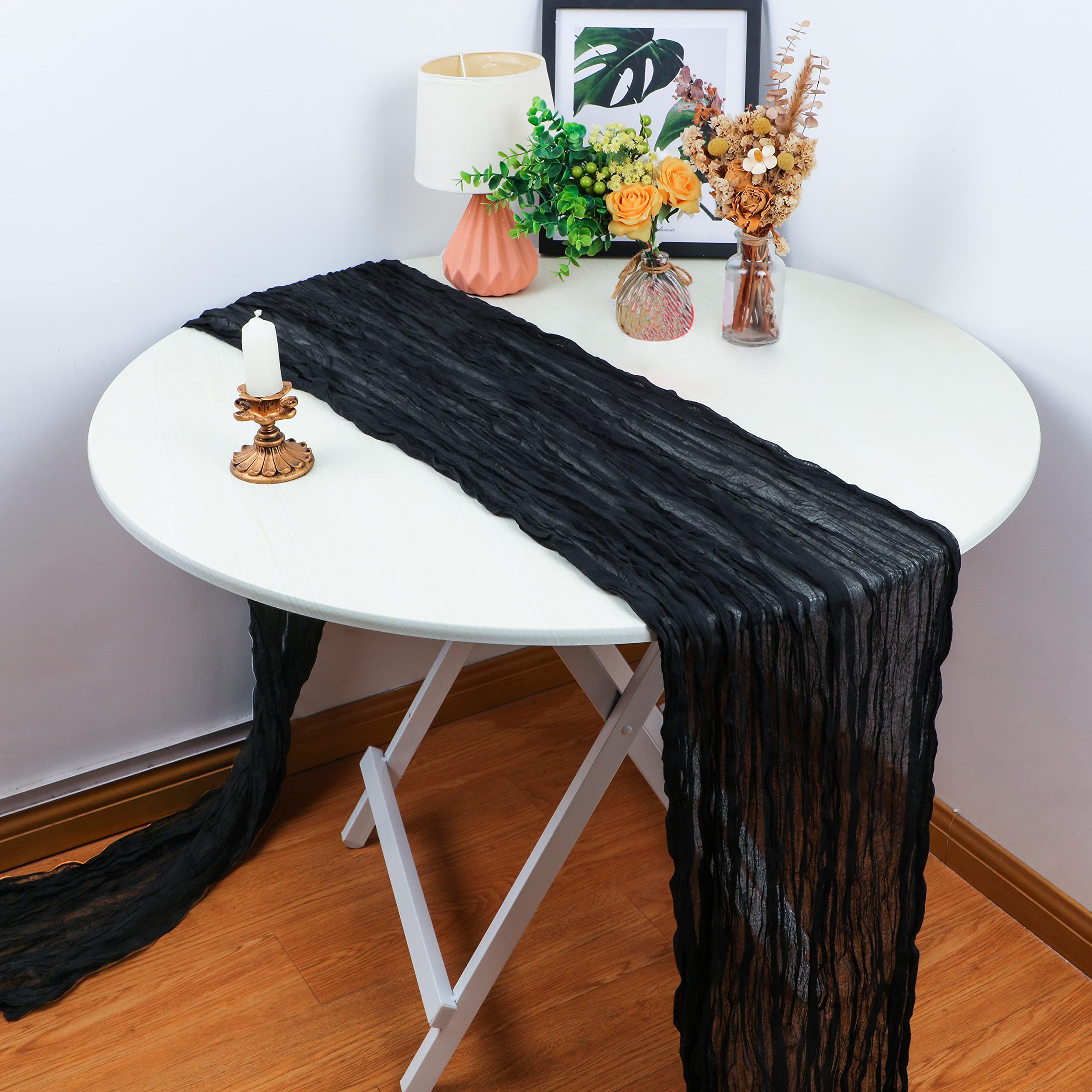 Snowkingdom 13Ft Black Cheesecloth Table Runner, 160inch Long Cheese Cloth Boho Gauze Table Runner for Wedding Bridal Baby Shower Birthday Holiday Party Sheer Halloween Table Decorations