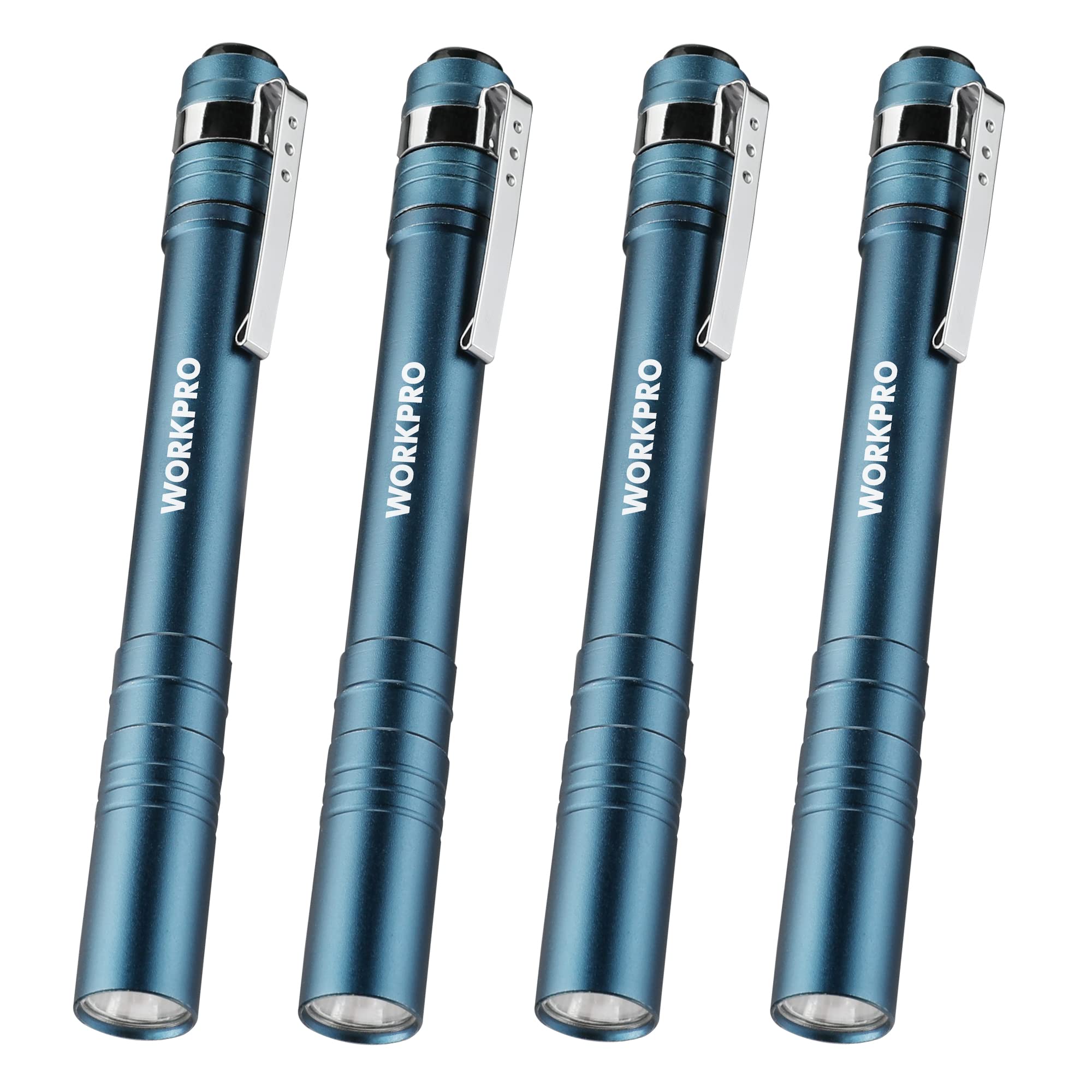 WORKPRO LED Pen Light, Aluminum Pen Flashlights, Pocket Flashlight with Clip for Inspection, Emergency, Everyday, 8AAA Batteries Included, Blue (4-Pack)