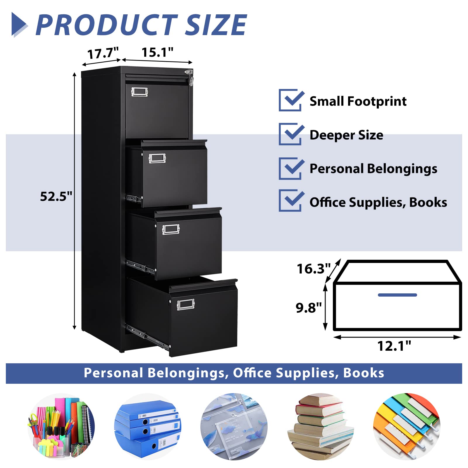 Anxxsu 4 Drawer File Cabinet, Filing Cabinets for Home Office, Metal Vertical File Storage Cabinet with Lock, Locking File Cabinet for A4 Legal/Letter, 15.1" W x 17.7" D x 52.5" H, Assembly Required