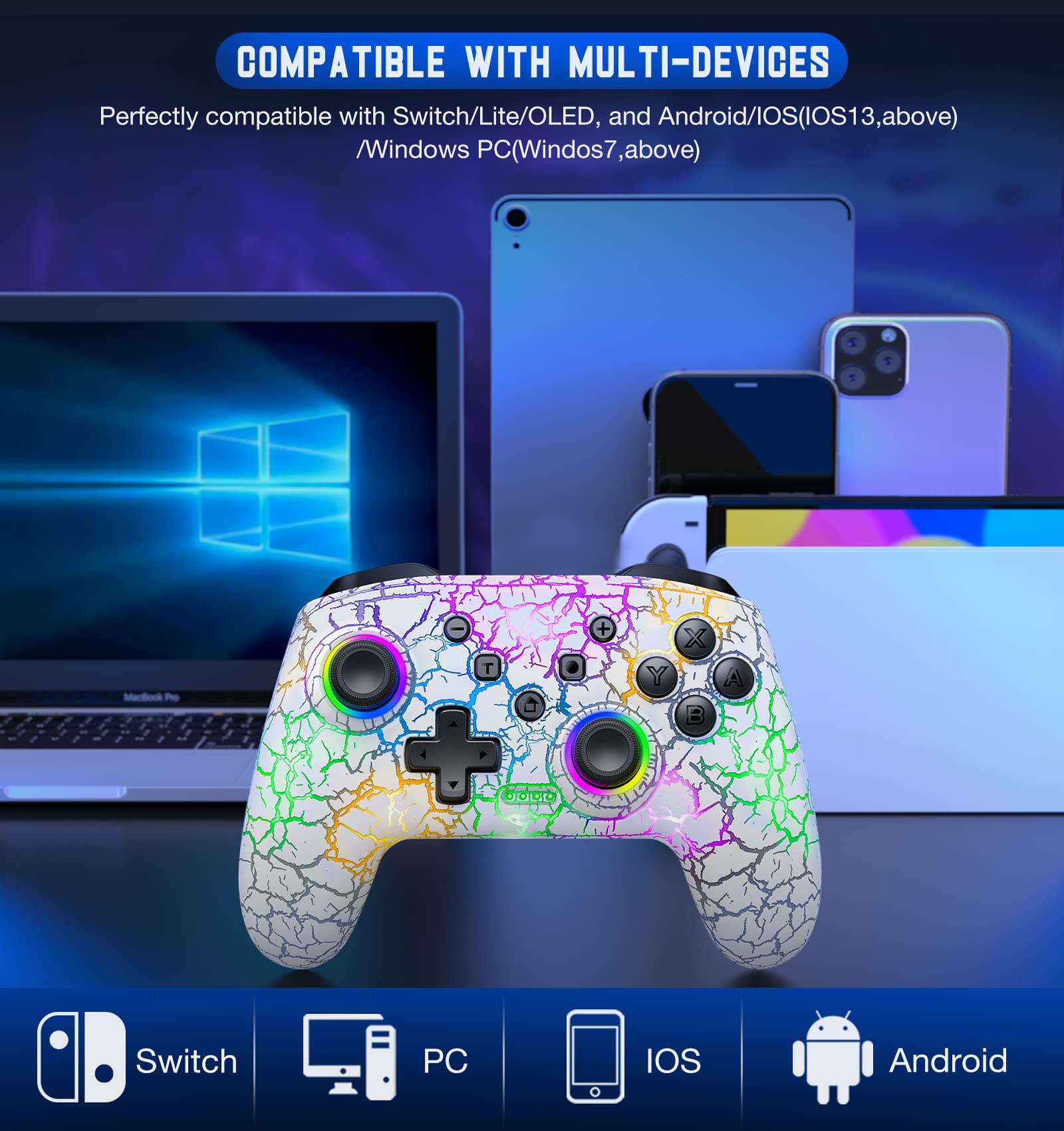 Switch Controller, Gammeefy Wireless Switch Pro Controller for Nintendo Switch/Lite/OLED, 9 Color Adjustable LED Switch Remote Compatible with Windows PC/Android/IOS/Xbox 360 with Programmable (White)