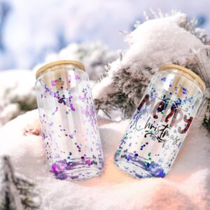 AGH 16oz Sublimation Snow Globe Glass Can Shaped Tumblers with Bamboo Lids and Straws - 6 Pack, Double Wall Blank Beer Can Clear Glass Ice Coffee Cups with Pre Drilled Hole for Snow Globe DIY