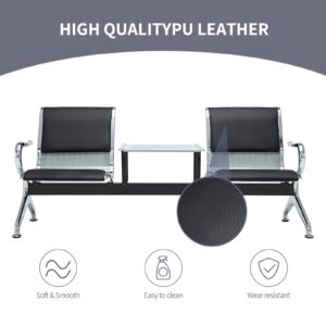 Walmokid 2 Seat Waiting Room Chairs, PU Leather Waiting Room Bench with Table and Arms,Reception Bench Seating for Office, Bank, Hospital, School, Barbershop, Airport, Black and Chrome…