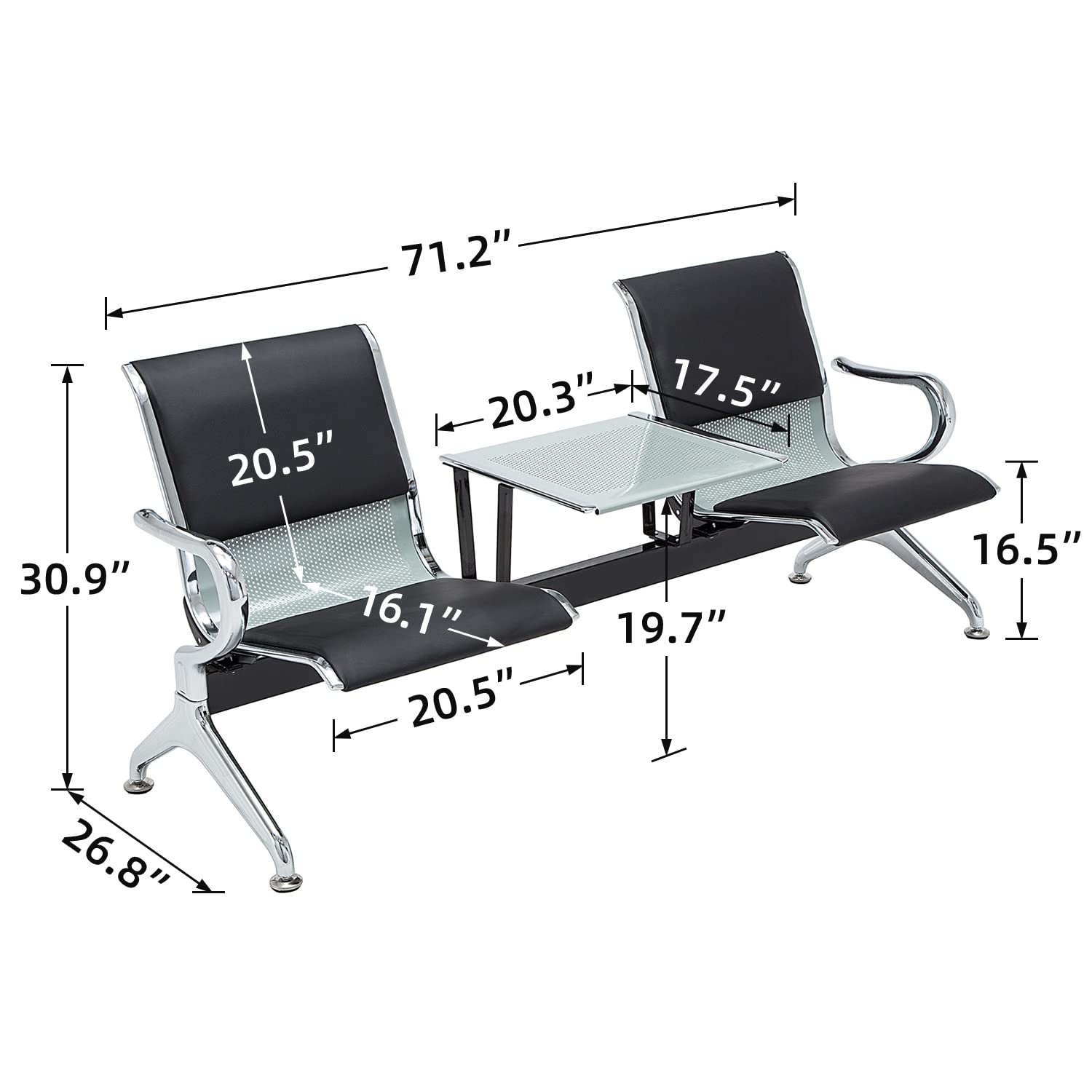 Walmokid 2 Seat Waiting Room Chairs, PU Leather Waiting Room Bench with Table and Arms,Reception Bench Seating for Office, Bank, Hospital, School, Barbershop, Airport, Black and Chrome…