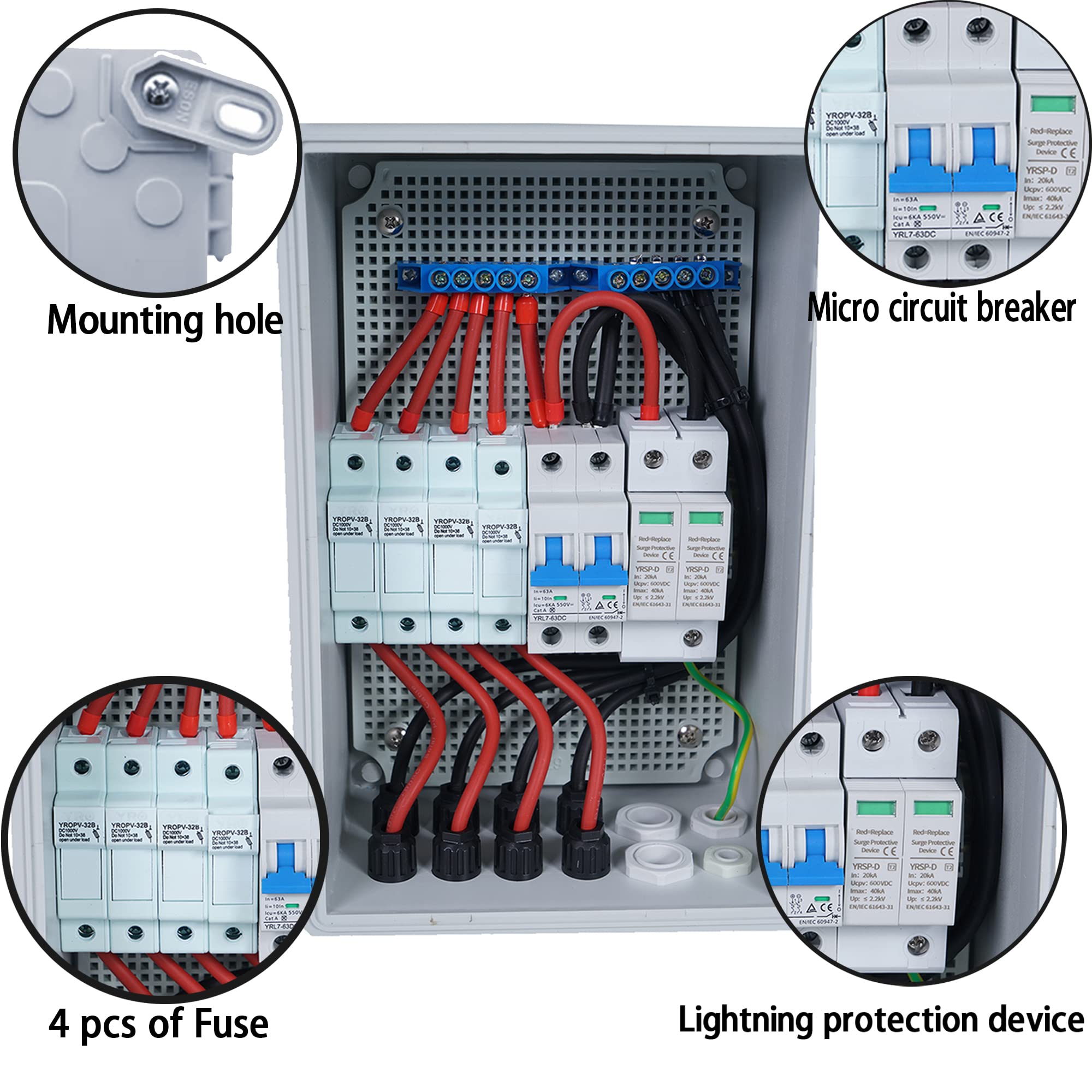 lopopvsys 4 String PV Combiner Box with Lightning Arreste, 15A Rated Current Fuse and 2P 63A Circuit Breakers for On/Off Grid Solar Panel System (4 String PV Combiner Box)