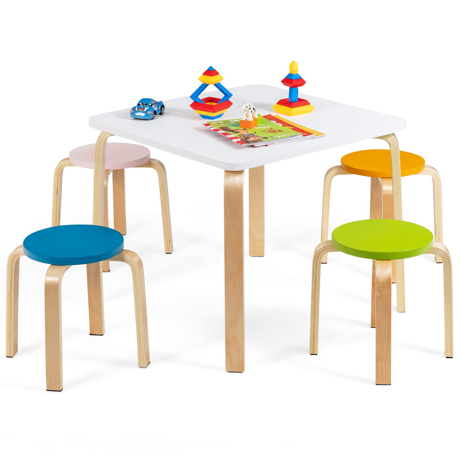 INFANS Kids Wooden Table and Stool Set, 5-Piece Activity Table with 4 Stools for Toddler Building Block Drawing Reading Art Crafts, Children Natural Furniture Set for Kindergarten Classroom