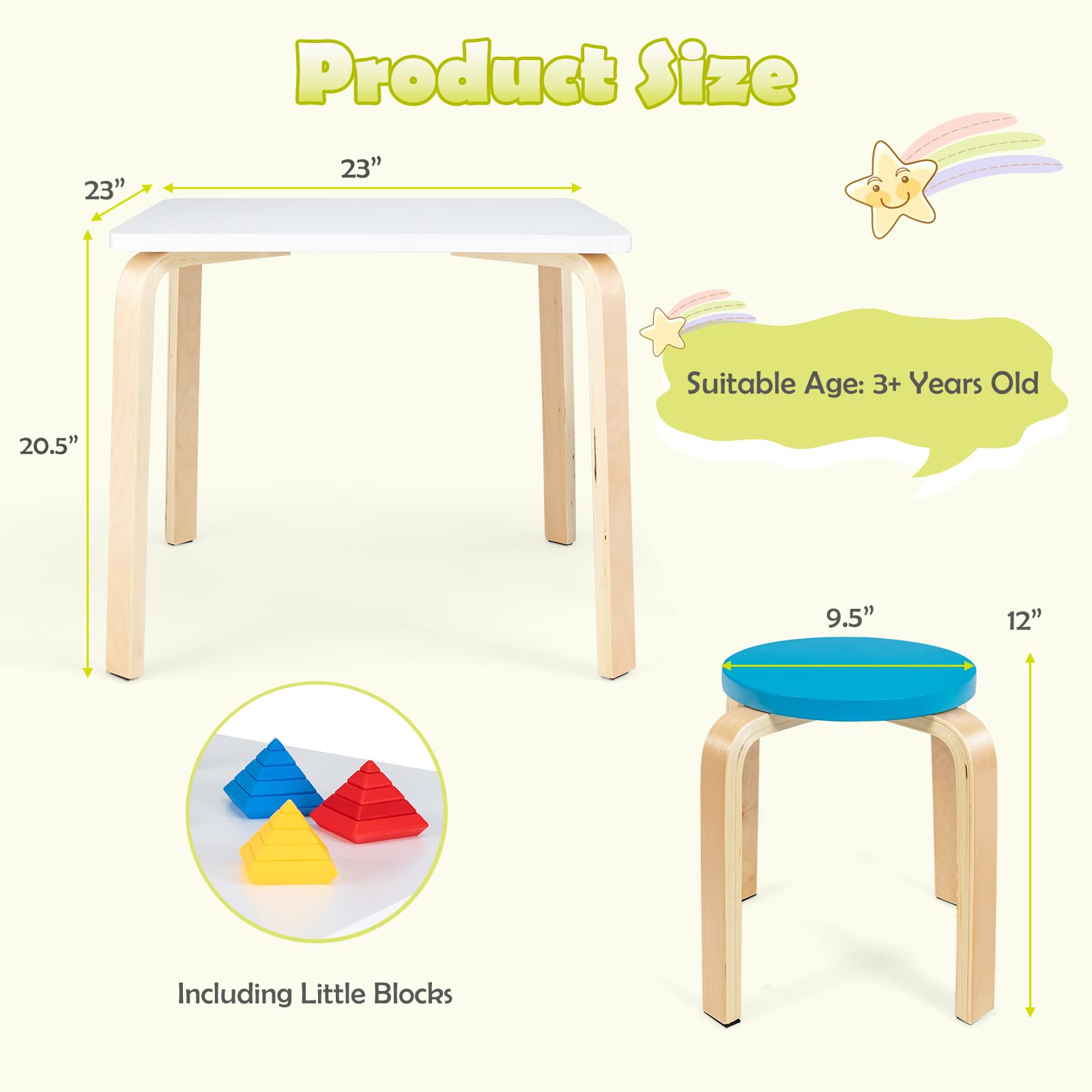 INFANS Kids Wooden Table and Stool Set, 5-Piece Activity Table with 4 Stools for Toddler Building Block Drawing Reading Art Crafts, Children Natural Furniture Set for Kindergarten Classroom