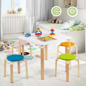 INFANS Kids Wooden Table and Stool Set, 5-Piece Activity Table with 4 Stools for Toddler Building Block Drawing Reading Art Crafts, Children Natural Furniture Set for Kindergarten Classroom