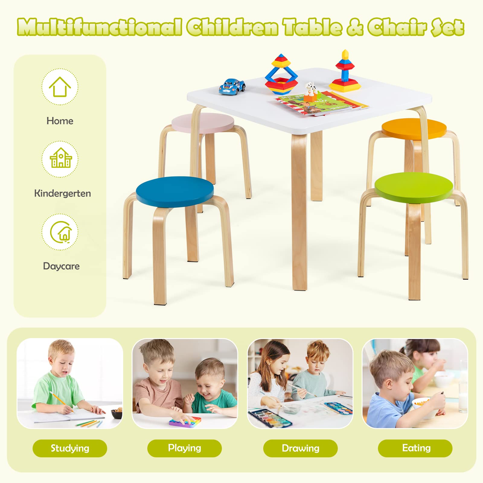 INFANS Kids Wooden Table and Stool Set, 5-Piece Activity Table with 4 Stools for Toddler Building Block Drawing Reading Art Crafts, Children Natural Furniture Set for Kindergarten Classroom