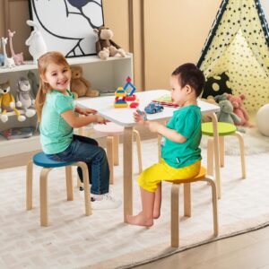 INFANS Kids Wooden Table and Stool Set, 5-Piece Activity Table with 4 Stools for Toddler Building Block Drawing Reading Art Crafts, Children Natural Furniture Set for Kindergarten Classroom