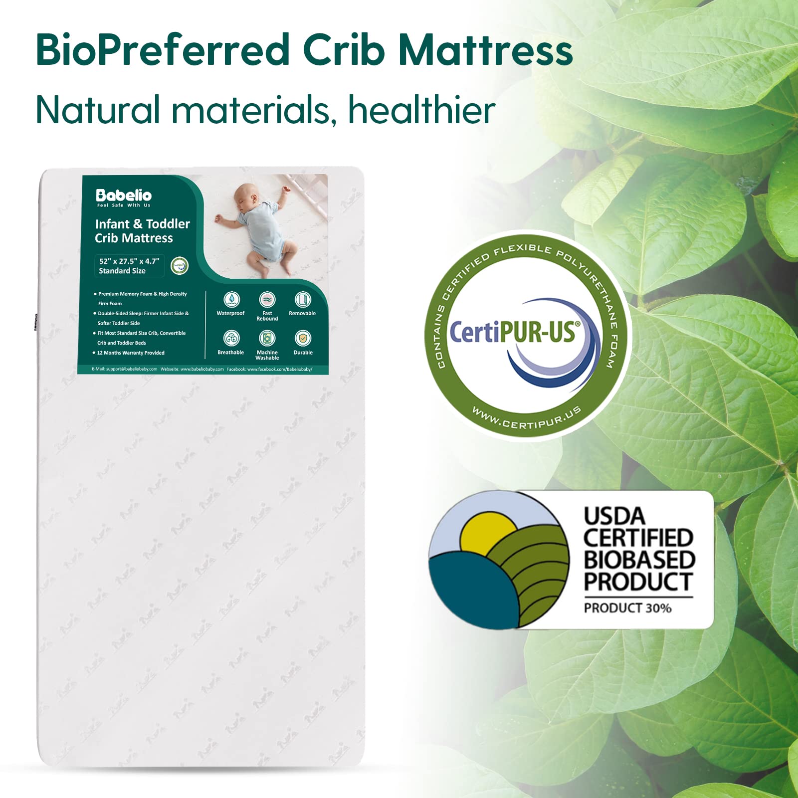 BABELIO Biobased Breathable Crib Mattress, USDA BioPreferred Toddler Mattress Memory Foam, Waterproof Dual-Sided Baby Mattresses for Crib and Toddler Bed, Removable and Machine Washable Mattress Cover