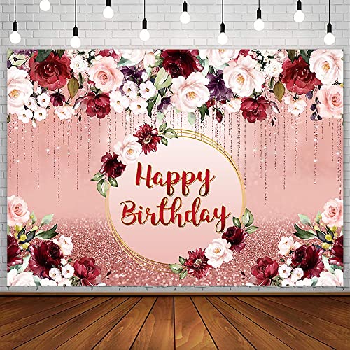 AIBIIN 7x5ft Burgundy Floral Happy Birthday Backdrop Rose Gold Glitter Bokeh Pink Burgundy Floral Photography Background Women Lady Girl 16th Bday Party Decorations Banner Supplies Photo Booth Props