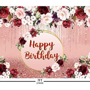 AIBIIN 7x5ft Burgundy Floral Happy Birthday Backdrop Rose Gold Glitter Bokeh Pink Burgundy Floral Photography Background Women Lady Girl 16th Bday Party Decorations Banner Supplies Photo Booth Props