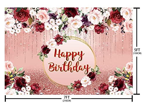 AIBIIN 7x5ft Burgundy Floral Happy Birthday Backdrop Rose Gold Glitter Bokeh Pink Burgundy Floral Photography Background Women Lady Girl 16th Bday Party Decorations Banner Supplies Photo Booth Props